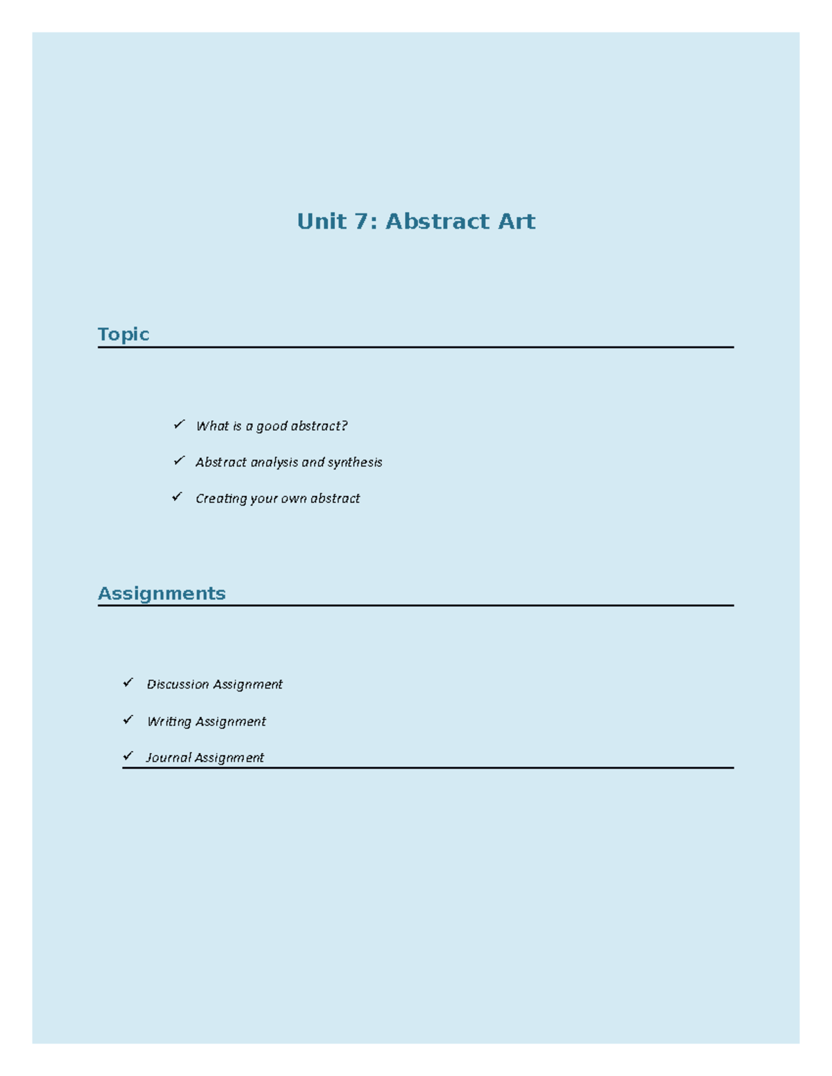 ENGL 1102 Unit 7 Assignments - Unit 7: Abstract Art Topic What is a ...