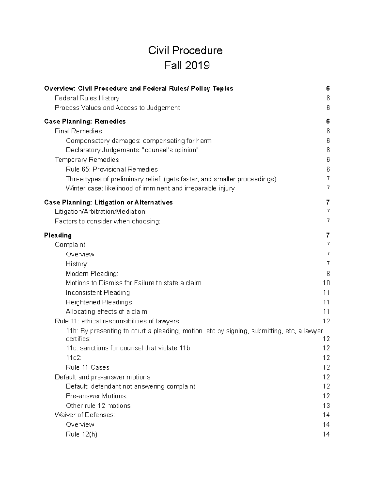 Civ pro outline - Civil Procedure - Fall Overview: Civil Procedure and ...