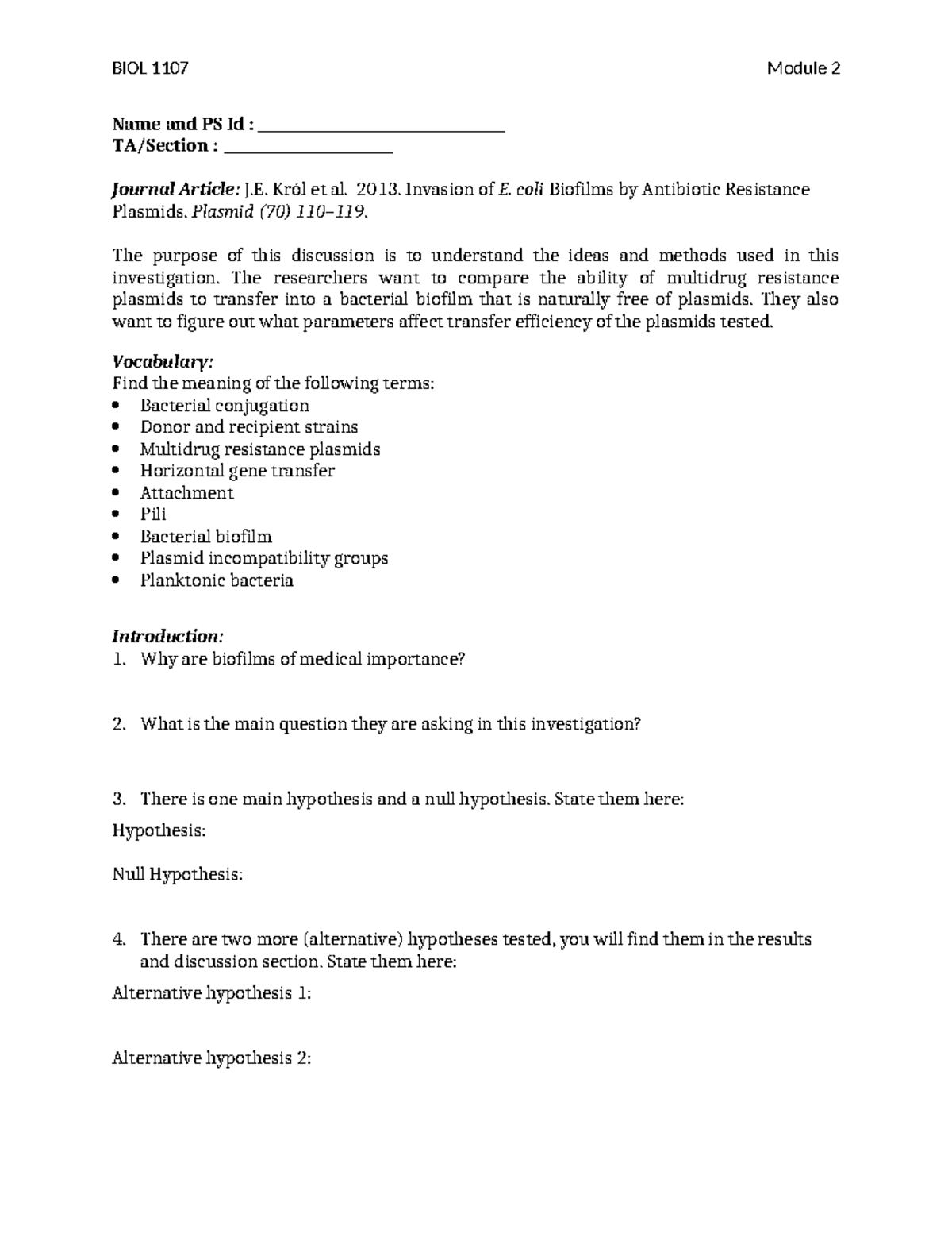 Mod2 Article Reflection Questions - BIOL 1107 Module 2 Name and PS Id ...