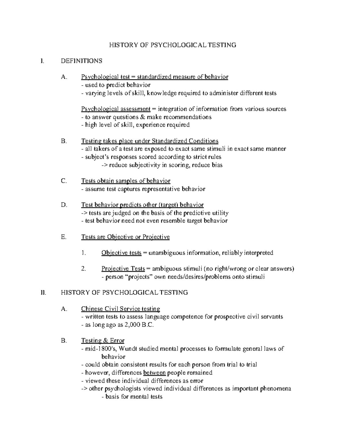 Outline 1History PSYCHOLOGY - HISTORY OF PSYCHOLOGICAL TESTING I ...