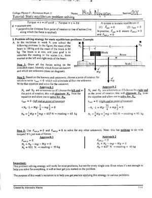 CP1 Recitation tutorial - Week 11 - Static equilibrium problem solving - Tagged - College ...
