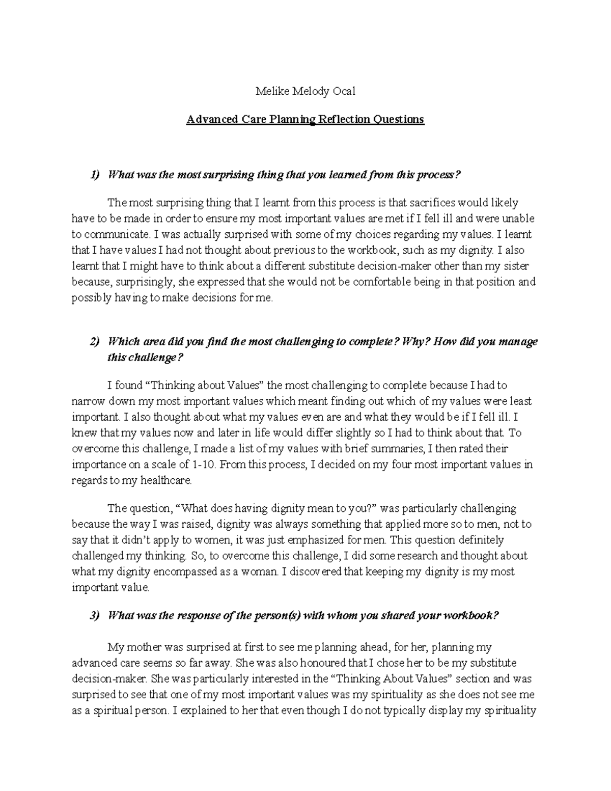 Advanced Care Planning Assignment - Melike Melody Ocal Advanced Care ...
