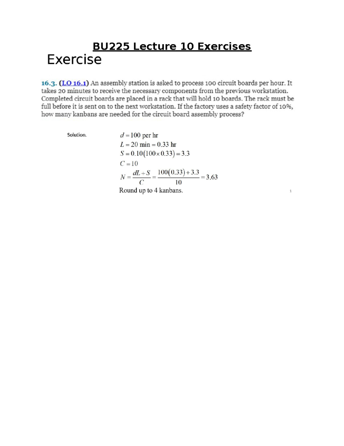 BU225 Lecture 10 Exercises - BU225 - BU225 Lecture 10 Exercises - Studocu