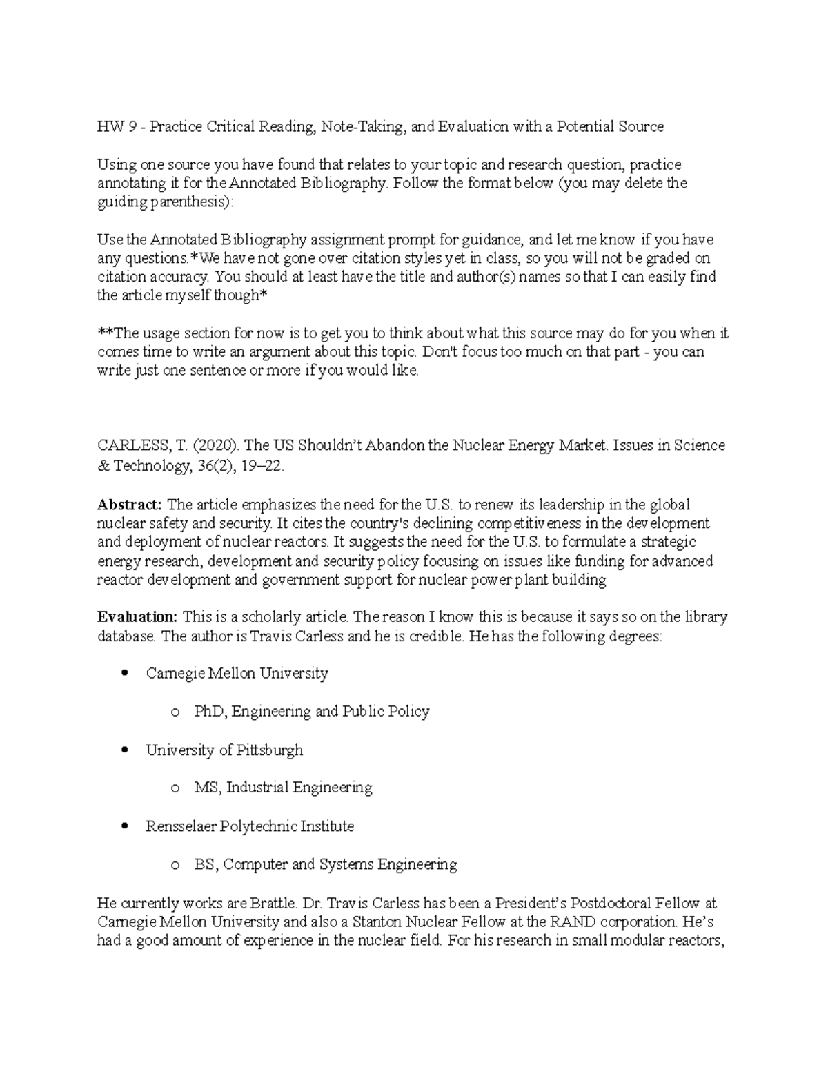 HW 9 - Annotating a Source - HW 9 - Practice Critical Reading, Note ...