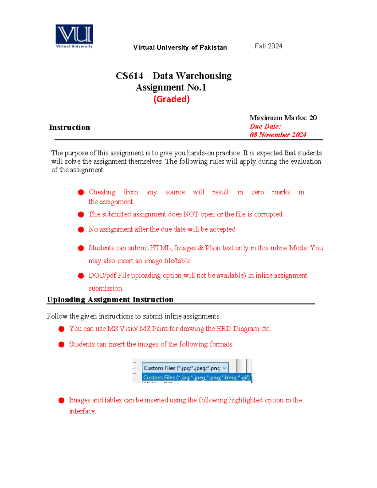 Fall 2024 Cs614 1 Assignment Cs614 Data Warehousing Assignment No Graded Maximum Marks
