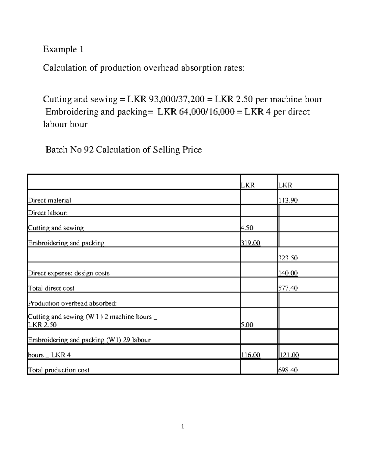 Batch costing answer-converted - 1 Example 1 Calculation of production ...