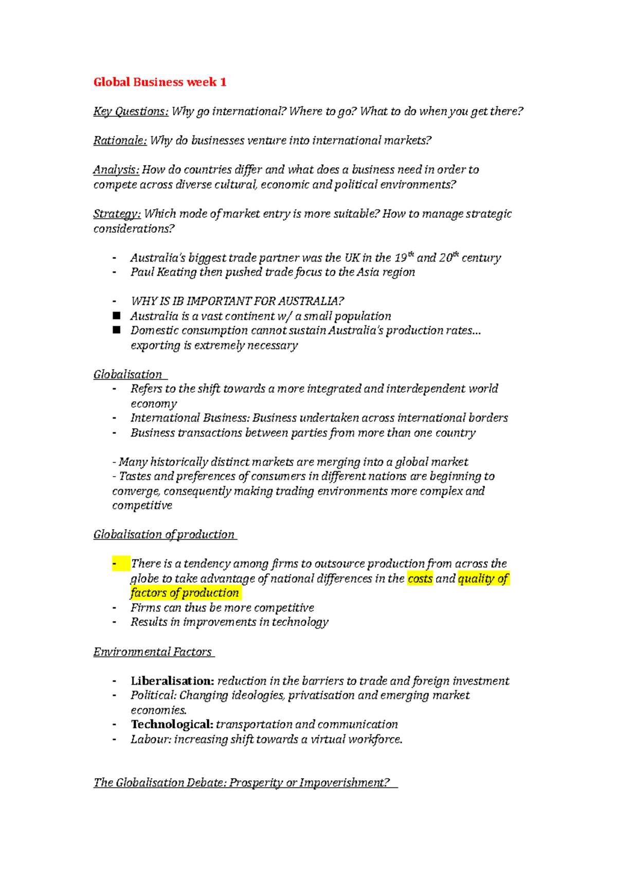 Global Business Lecture Notes - Global Business week 1 Key Questions ...
