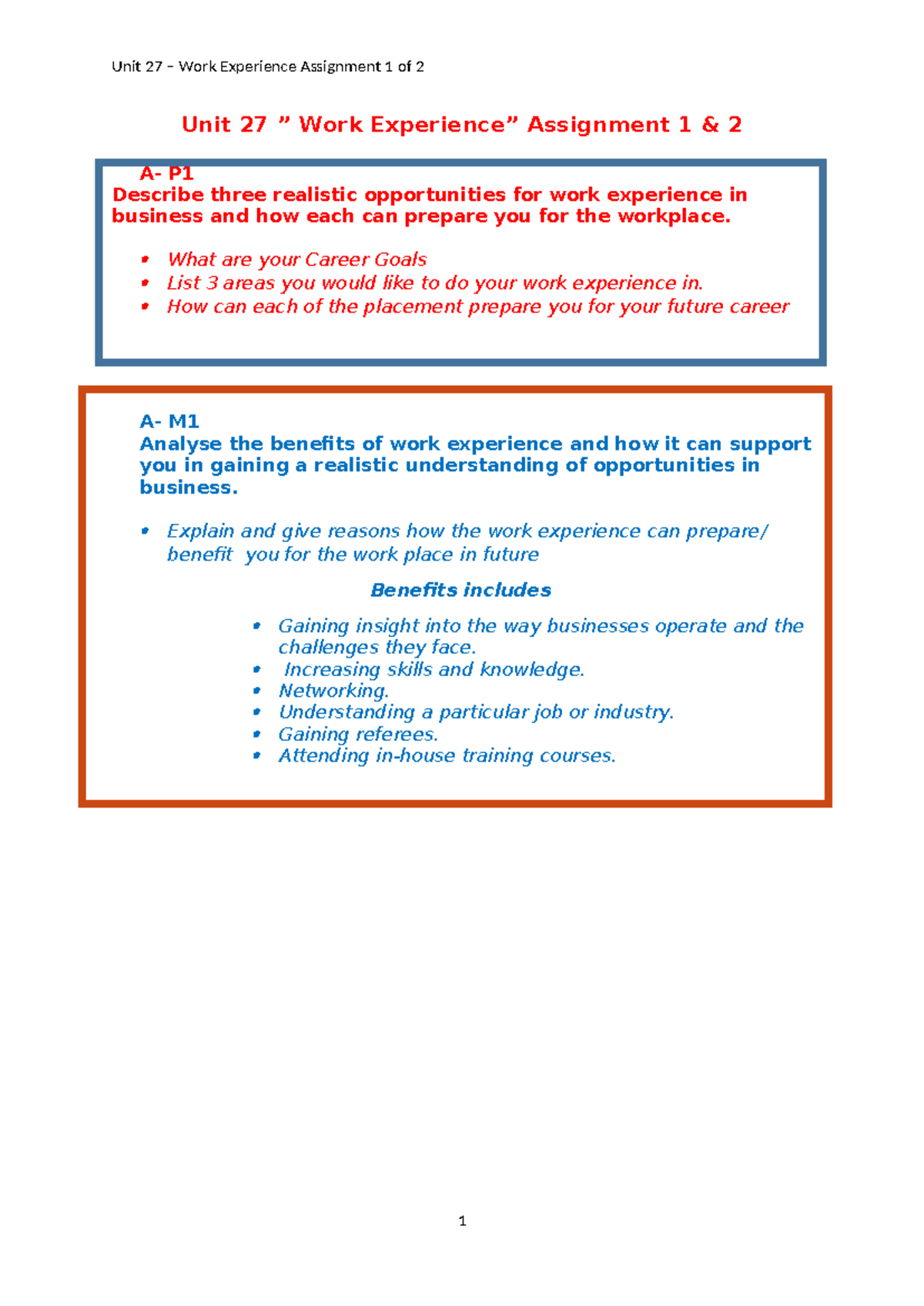 Useful - kool beans - Unit 27 ” Work Experience” Assignment 1 & 2 A- P ...