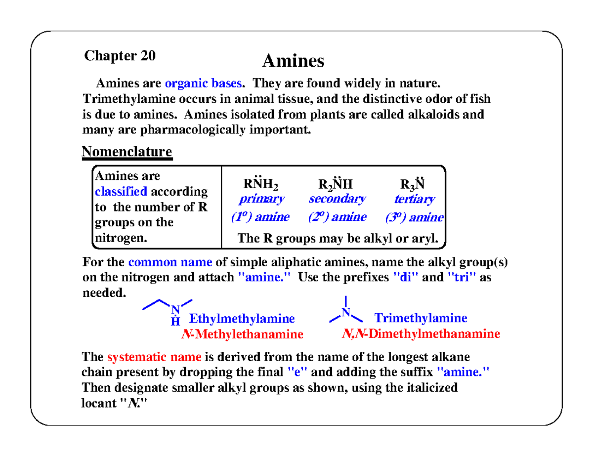 20-pdf - Chemistry - Amines Chapter 20 Amines are organic bases . They ...