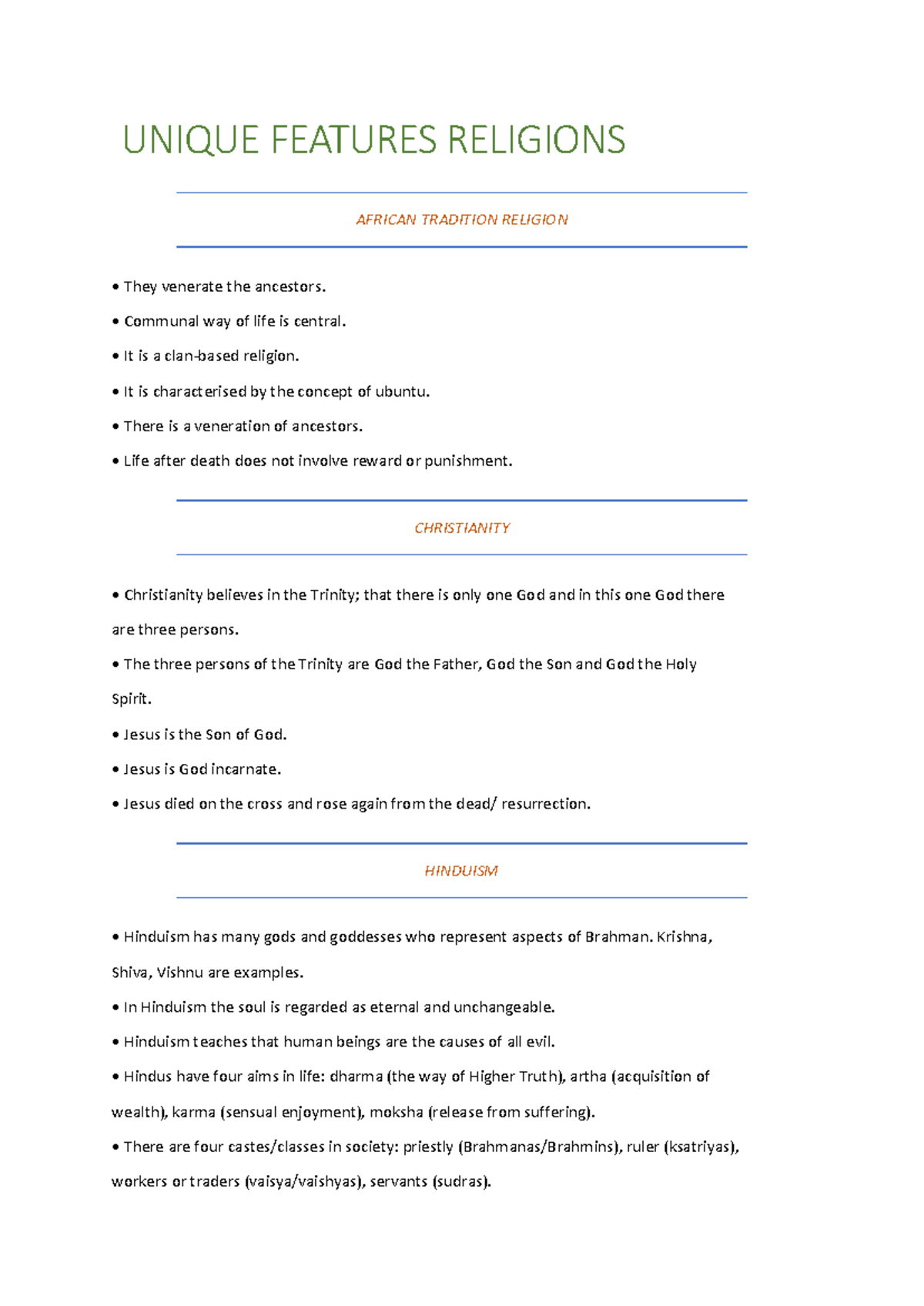 Notes RS - Ffghhhhh - UNIQUE FEATURES RELIGIONS AFRICAN TRADITION ...