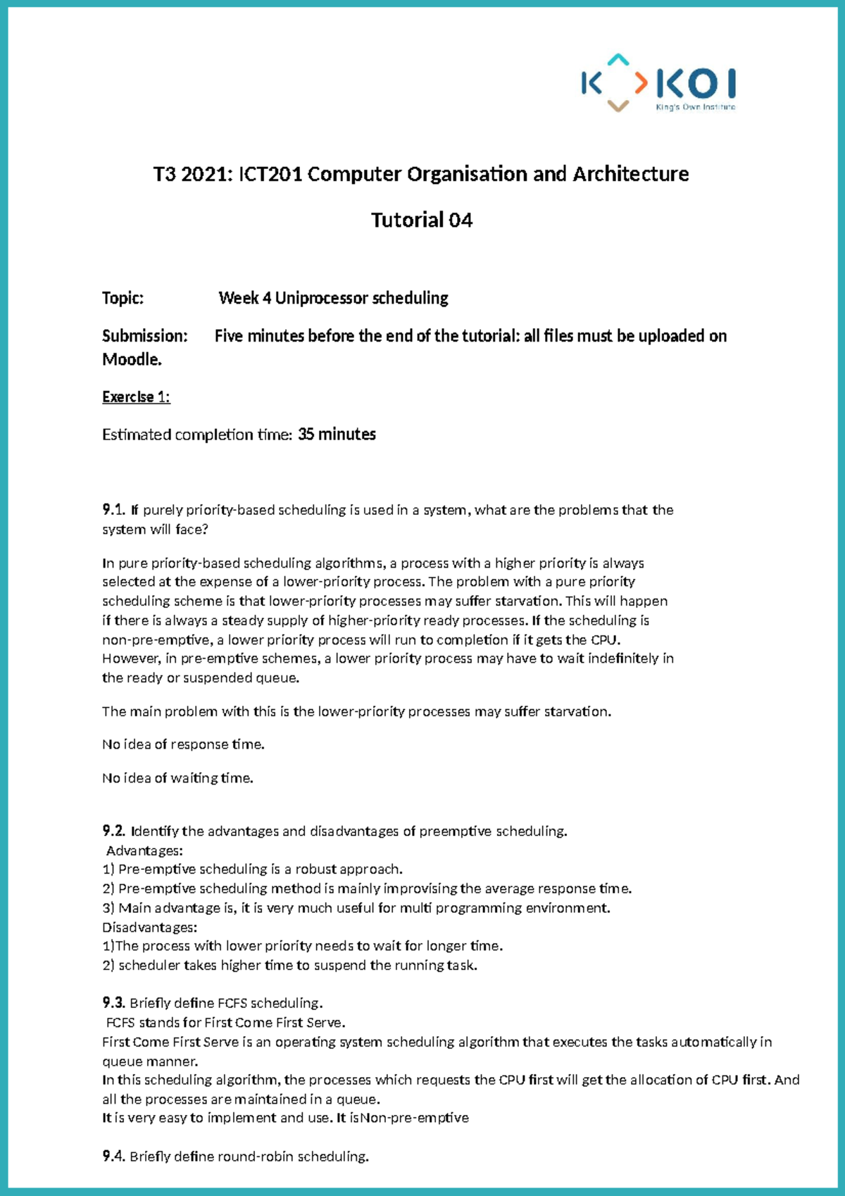 ICT201 - Week 4 Tutorial - Uniprocessor scheduling-converted - T3 2021: ICT201 Computer ...