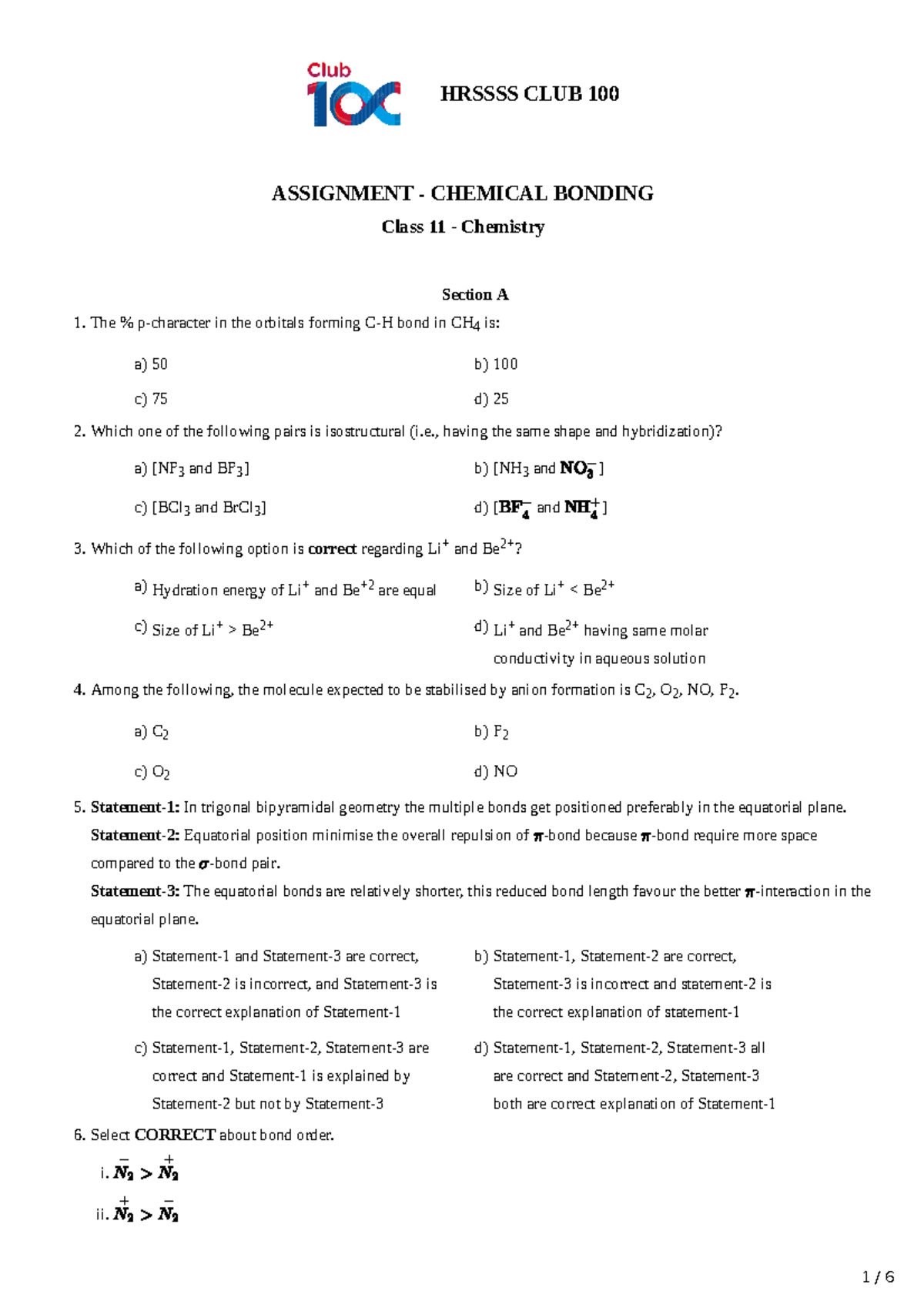Assignment - Chemical Bonding - HRSSSS CLUB 100 ASSIGNMENT - CHEMICAL ...