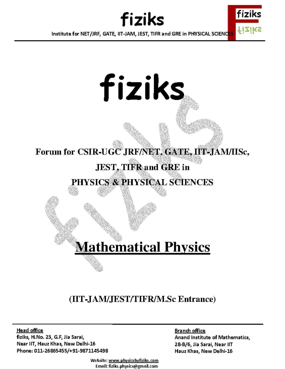 Fiziks Physics Notes Institute For Netjrf Gate Iit‐jam Jest Tifr And Gre In Physical