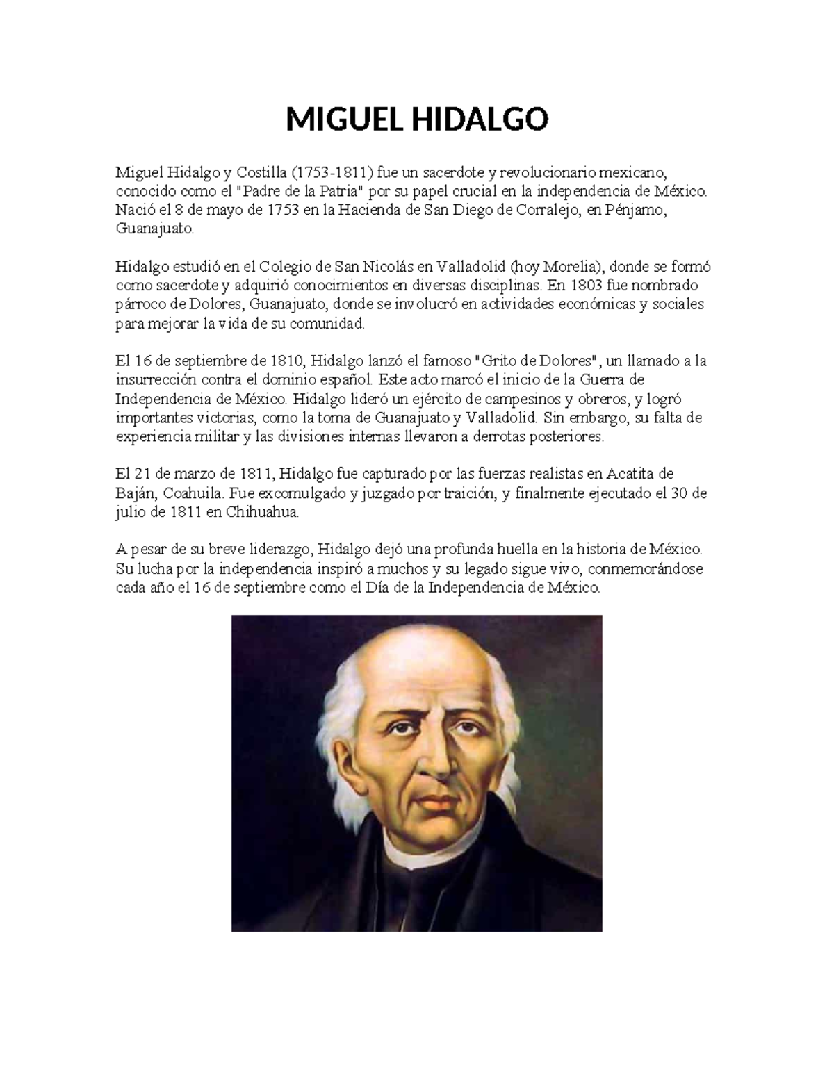 Biografia Miguel Hidalgo PARA SU CORRECTA INTERPRETACION YESTUDIO FUERA DEL AULA - MIGUEL ...