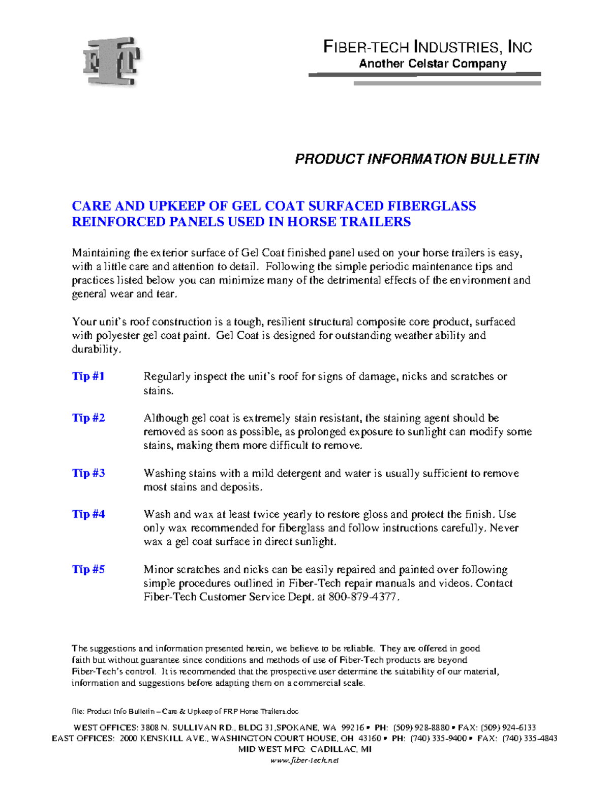 Product Info Bulletin Care and Upkeep of FRP Horse Trailers - FIBER ...
