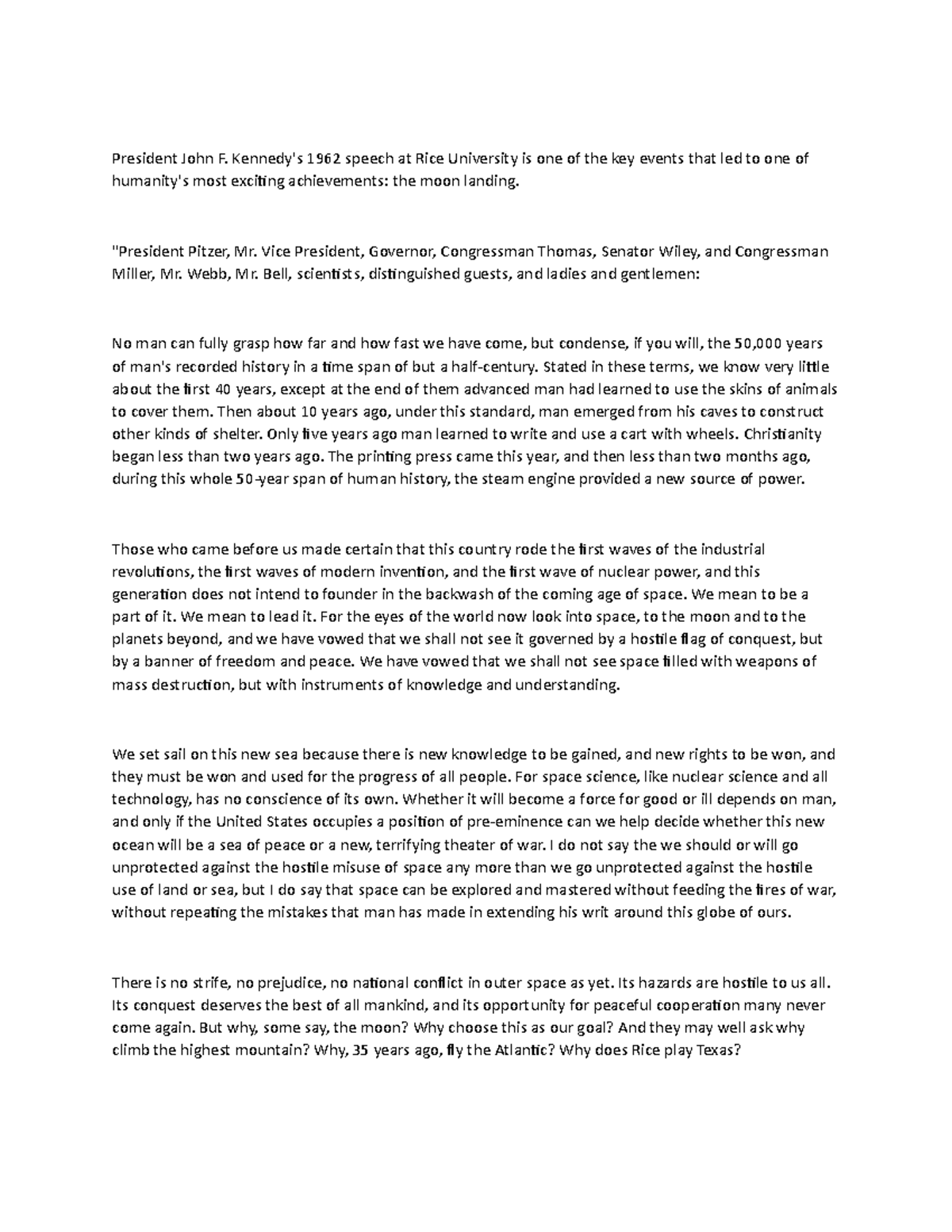 Kennedy's Speech for Seminar 6 - President John F. Kennedy's 1962 ...