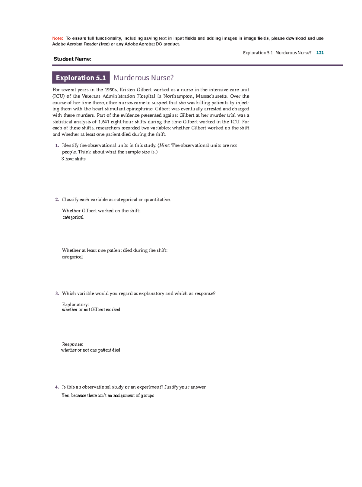 Exp 5-1 - n/a - Exploration 5 Murderous Nurse? 121 Note: To ensure full functionality, including ...