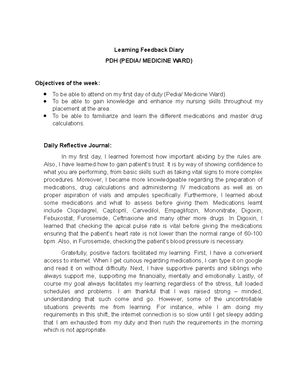 LFD - Learning Feedback Diary for duty. Learnings are included ...