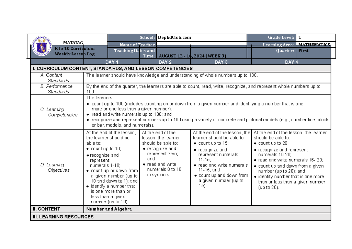 DLL Matatag Mathematics 1 Q1 W3 - DAY 1 DAY 2 DAY 3 DAY 4 I. CURRICULUM CONTENT, STANDARDS, AND ...