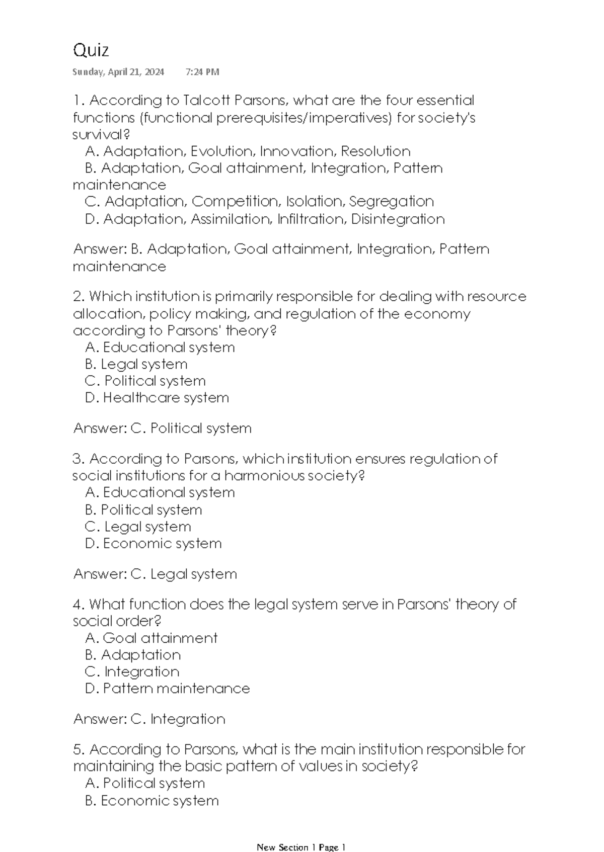 Sociology Quiz - Generate quiz questions - According to Talcott Parsons ...