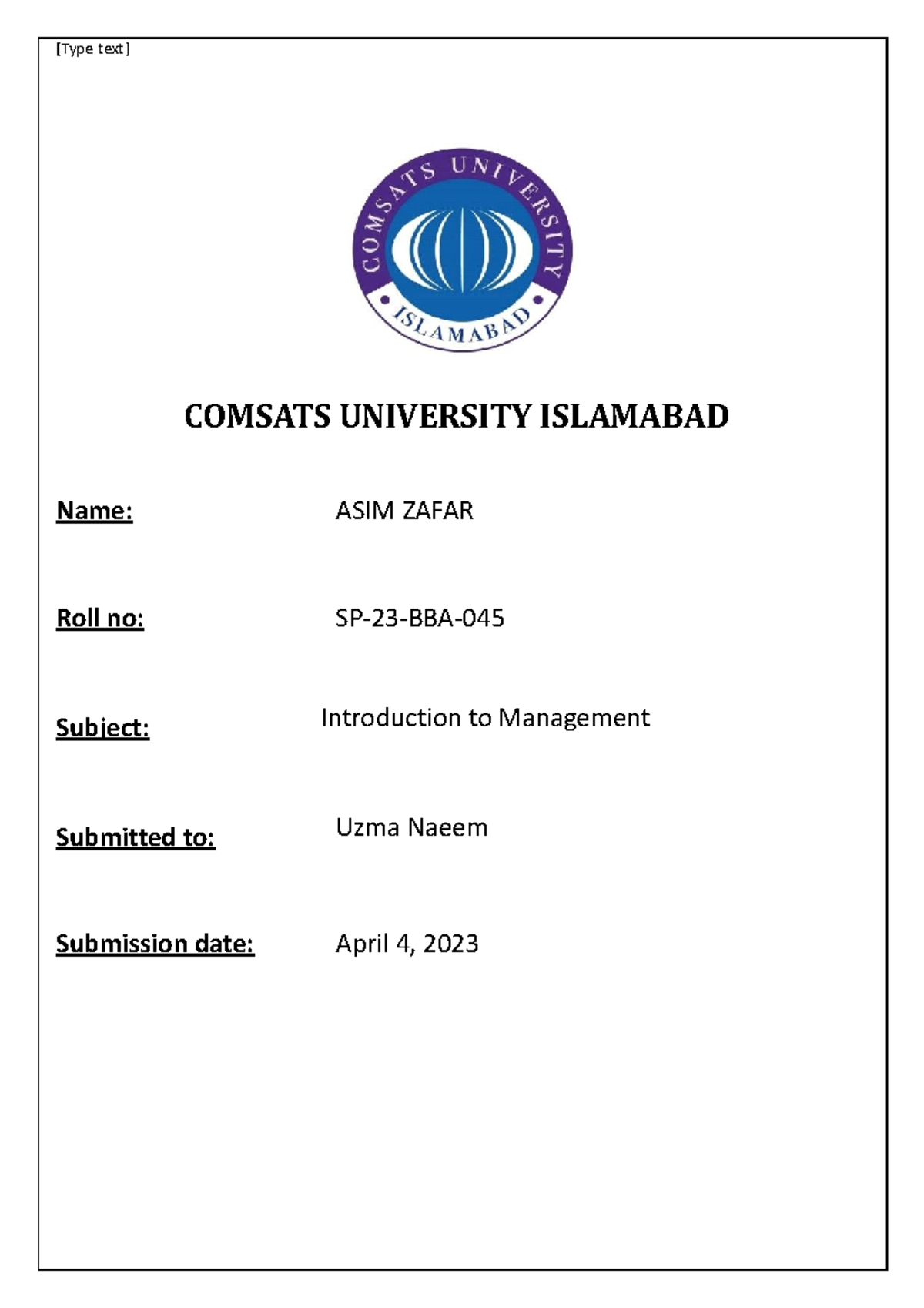 (ASIM Zafar) 045-ITM-2 - COMSATS UNIVERSITY ISLAMABAD Name: ASIM ZAFAR ...