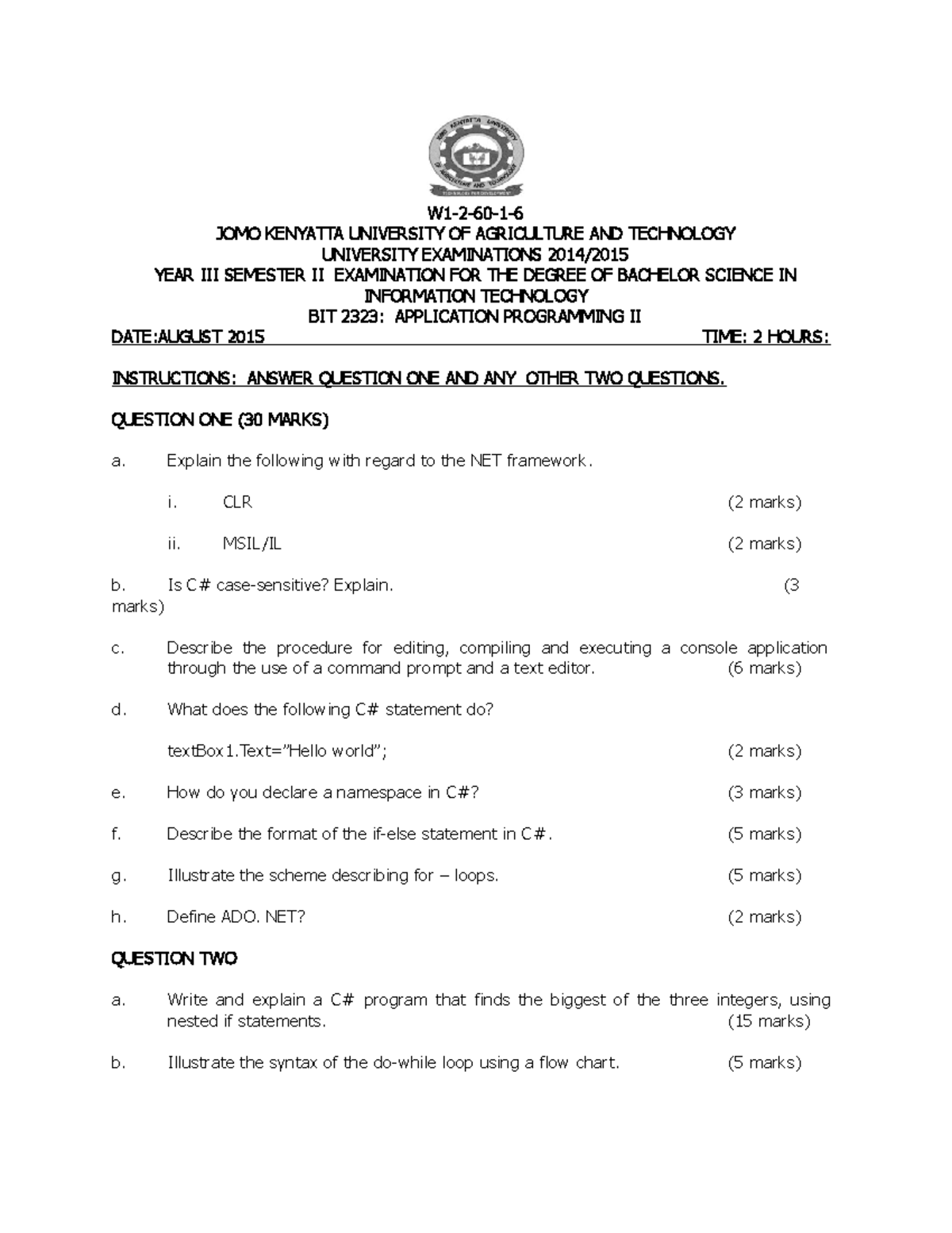BIT 2323 K Application Programming II - JOMO KENYATTA UNIVERSITWY1-2-60 ...