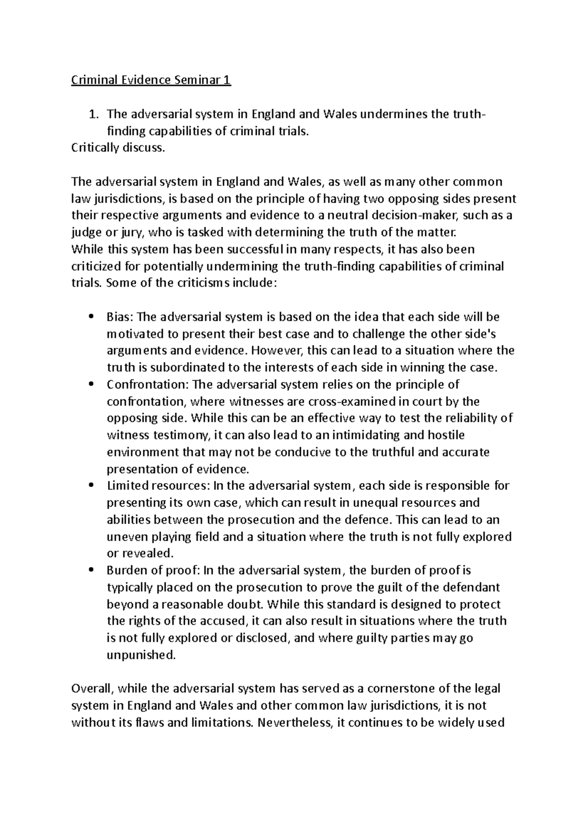 Criminal Evidence - Seminar 1 - The adversarial system in England and ...
