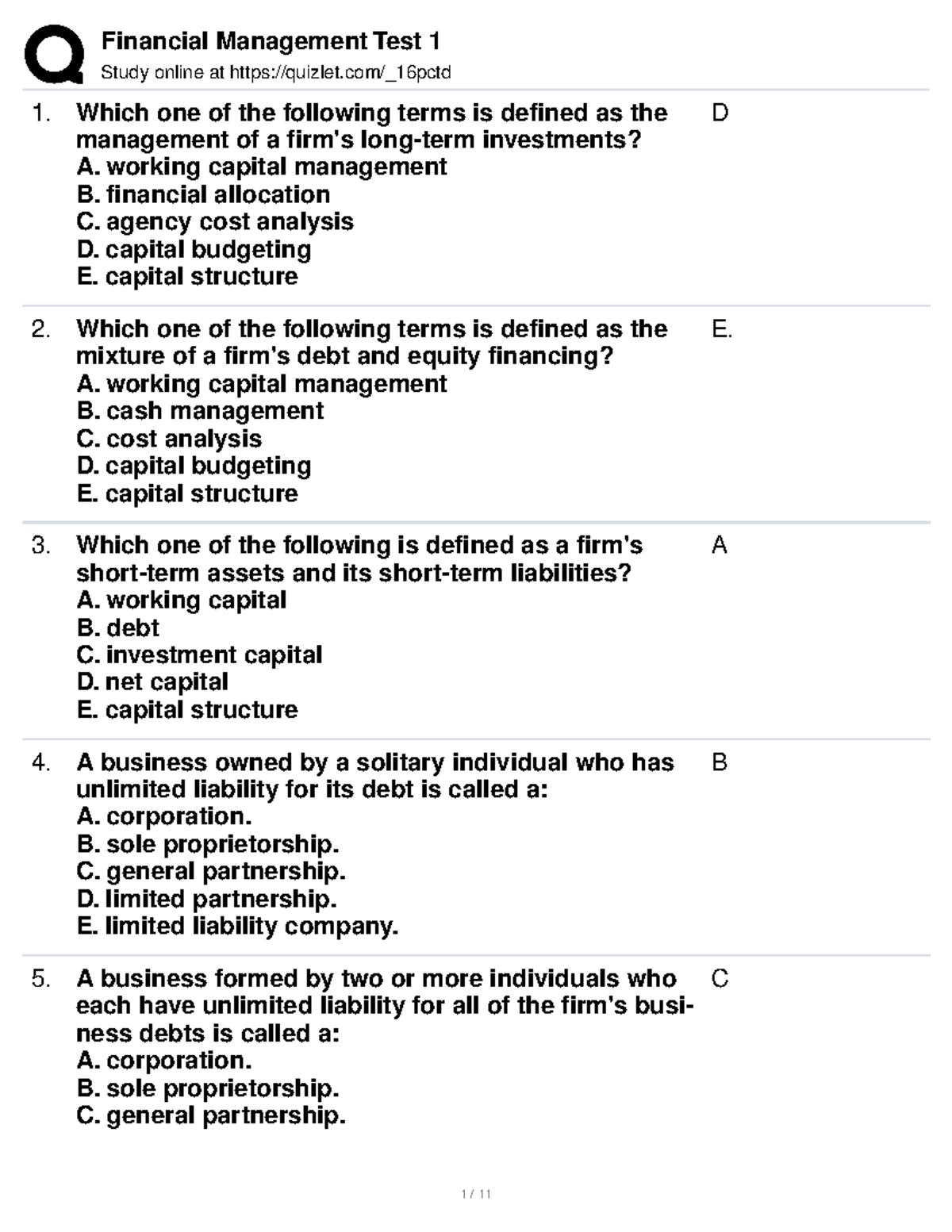 Financial Management Test 1 - Study online at quizlet/_16pctd Which one ...