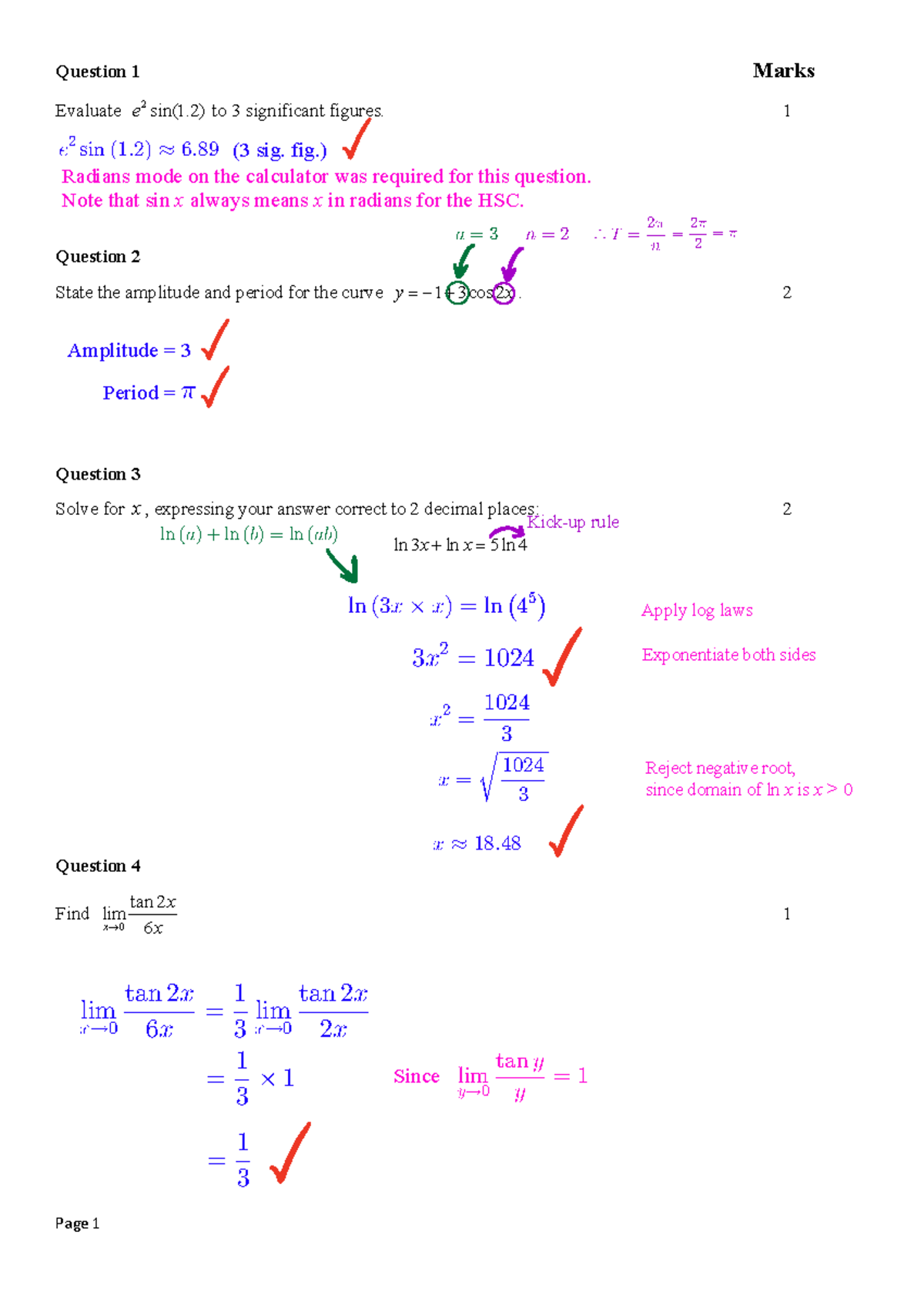 2024 Year 12 Mathematics Advanced Task 2 Soln - Page 1 Question 1 Marks ...