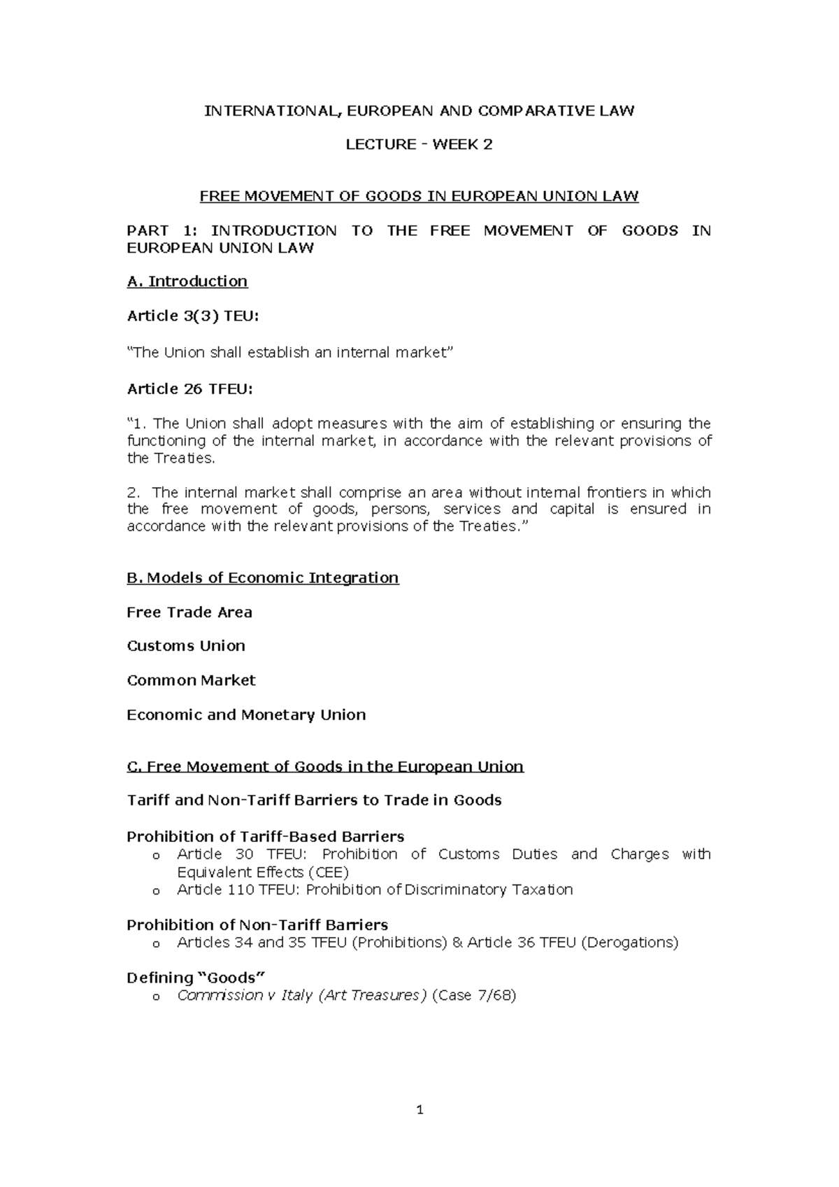 IEC Law Lecture Handout Week 2 2324 - Introduction to Free Movement of ...