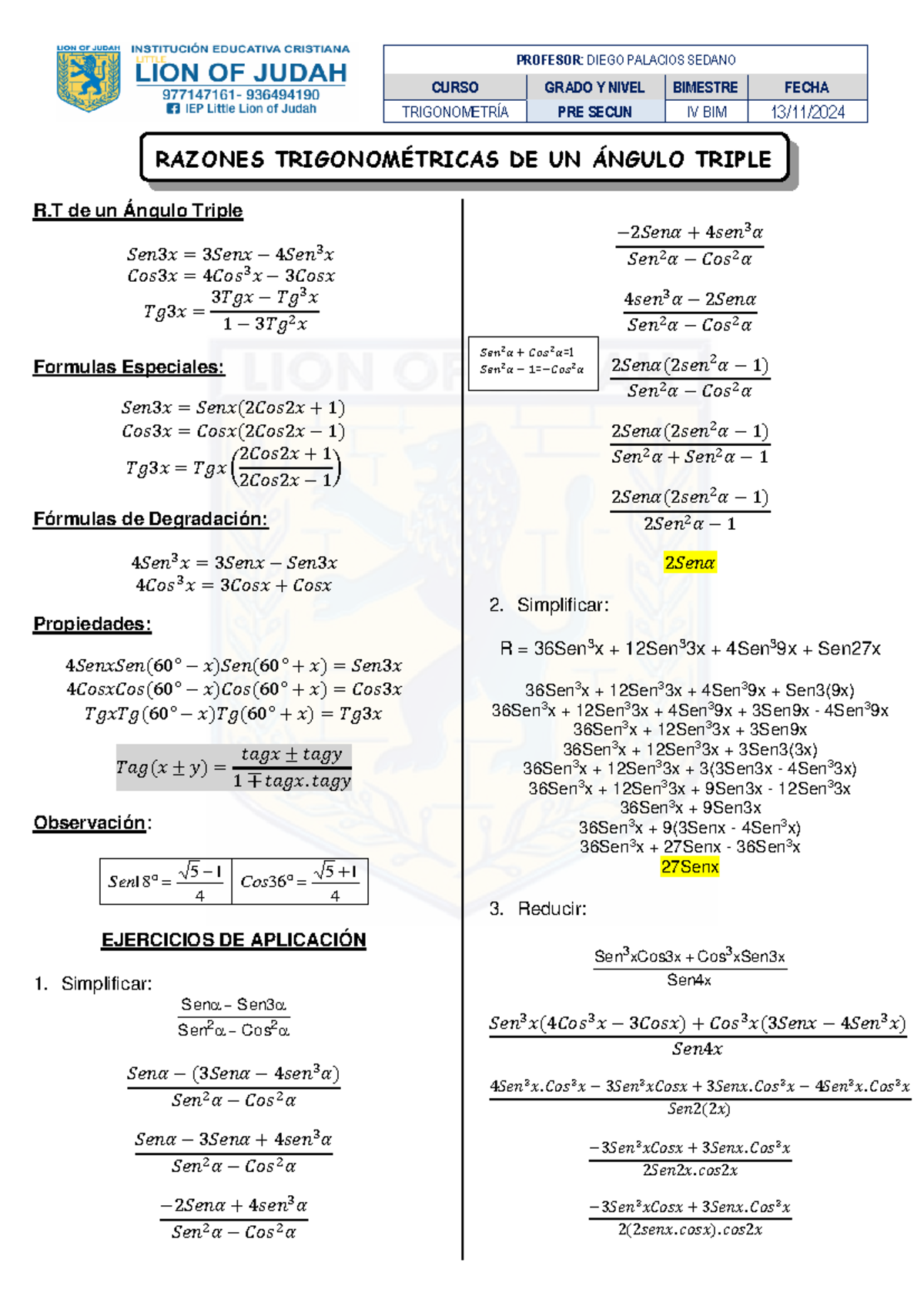 Soluc Trigonom Ident TRIG DE Ángulo Triple - RAZONES TRIGONOMÉTRICAS DE ...