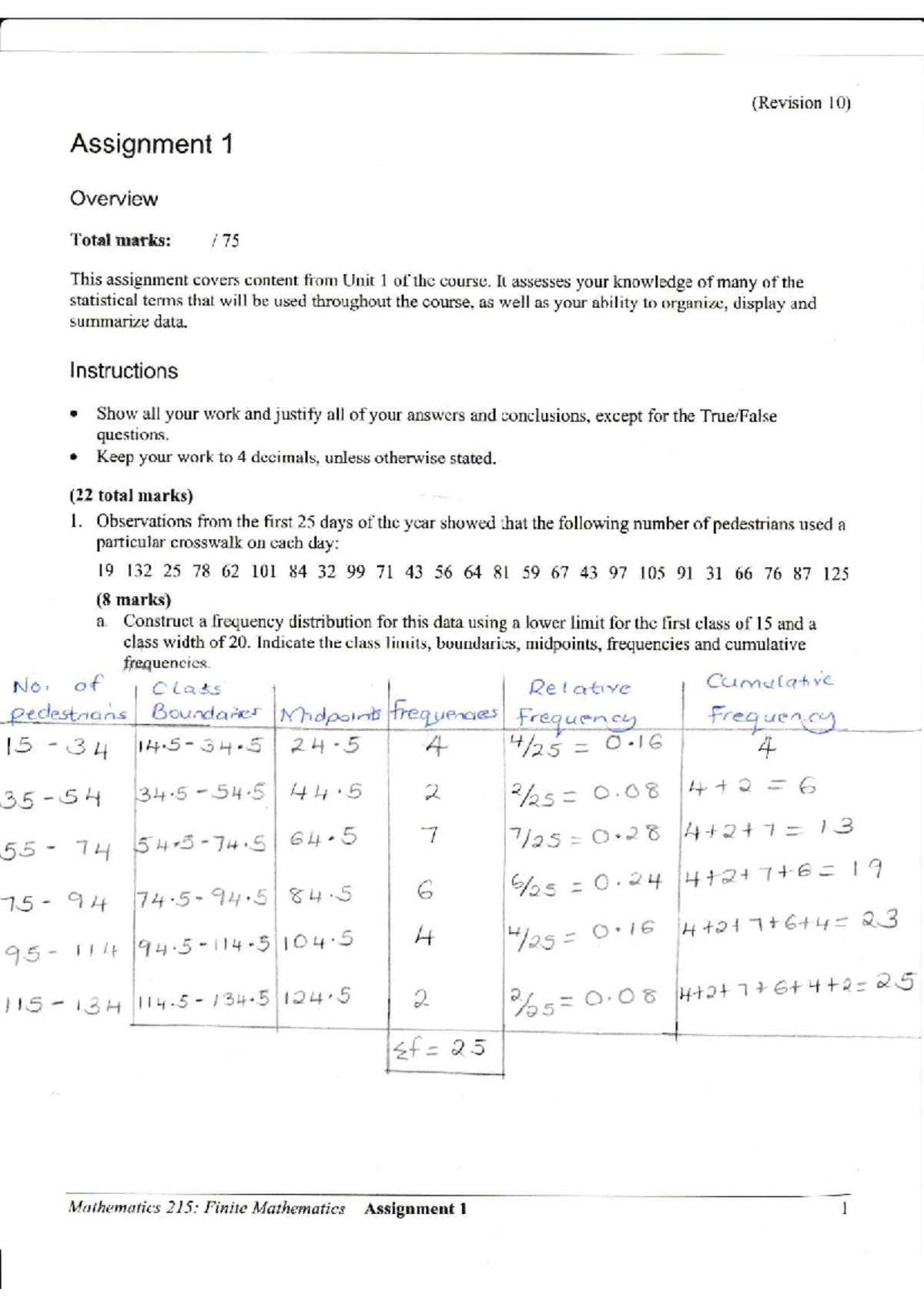 Assignment 1 -graded 100% - Math 215 - AU - Studocu