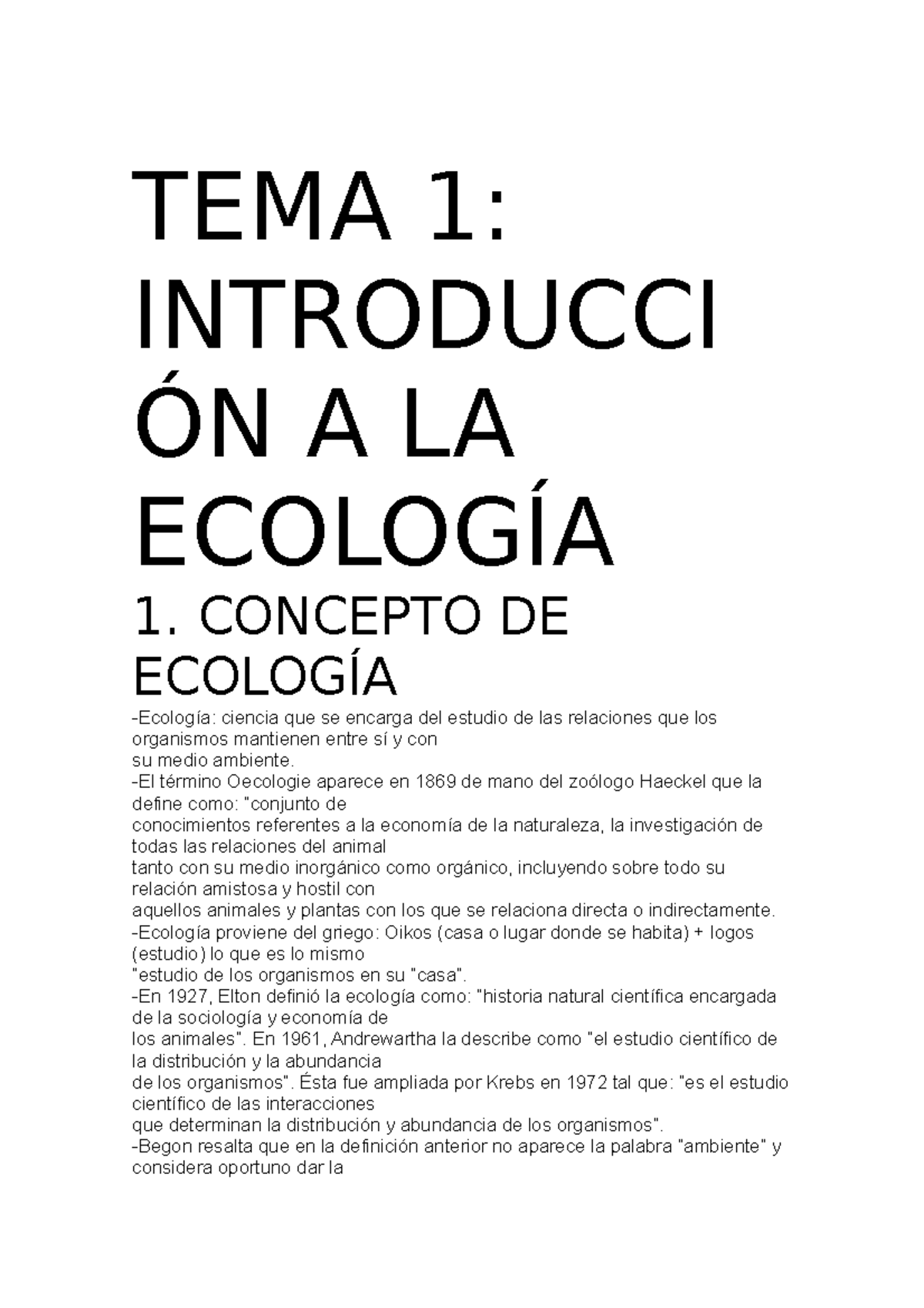 Ecologia I TEMA 1 Resumen - TEMA 1: INTRODUCCI ÓN A LA ECOLOGÍA 1 ...