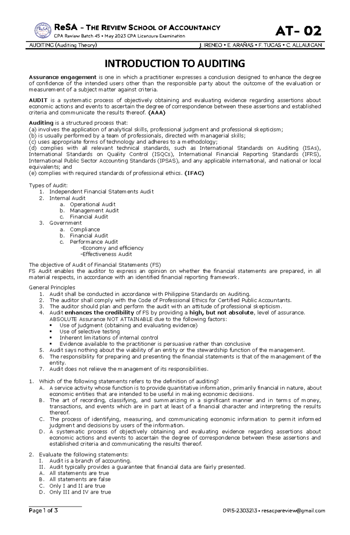 AT-02 (Introduction to Auditing) - ReSA - THE REVIEW SCHOOL OF ...
