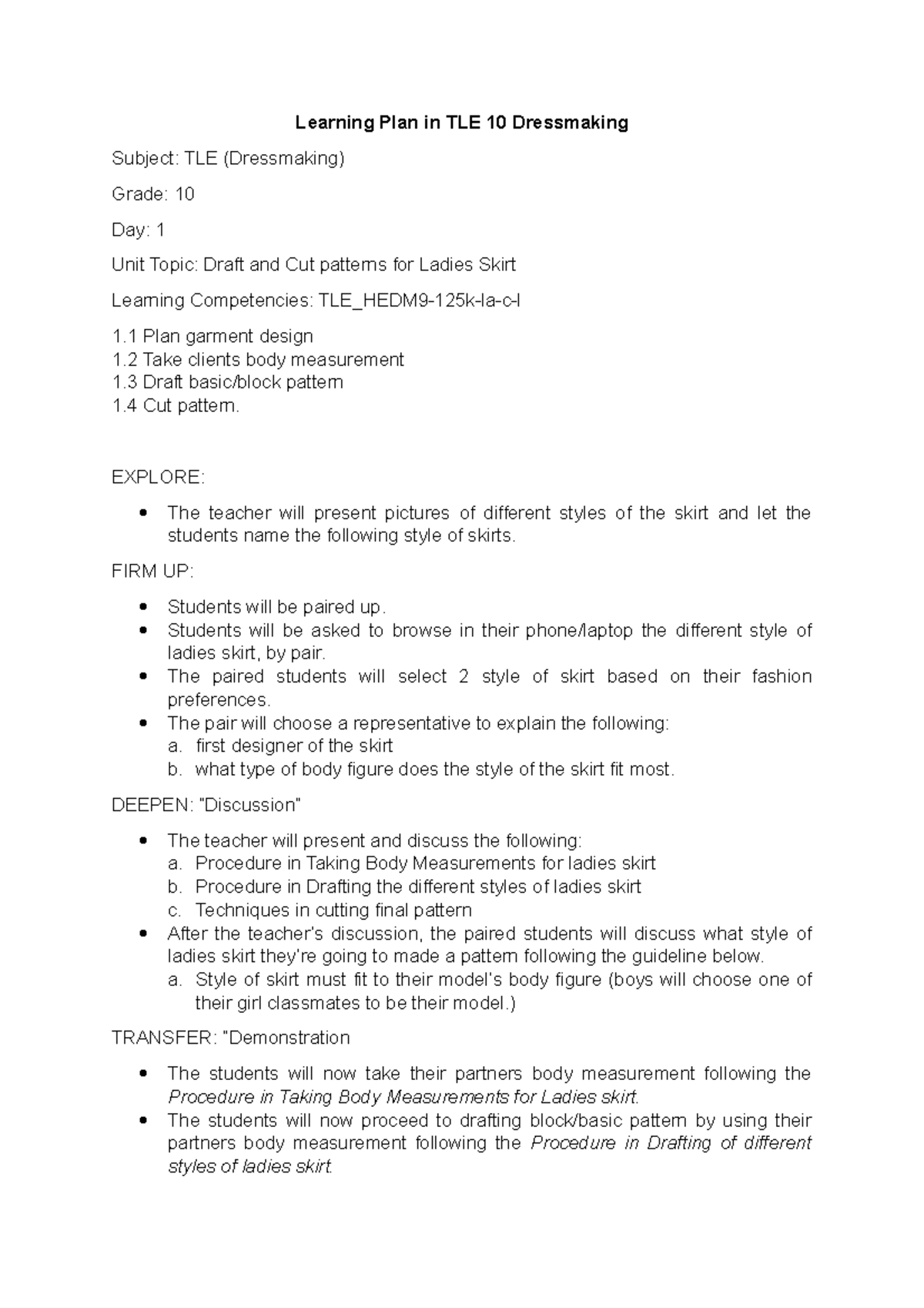 TTL Learning Plan (Btled 2A) - Learning Plan in TLE 10 Dressmaking ...