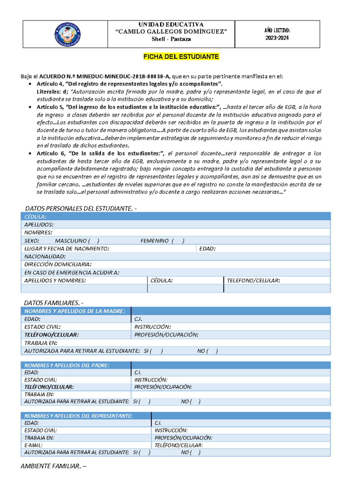 Datos DEL Estudiante( Ficha) - UNIDAD EDUCATIVA “CAMILO GALLEGOS ...