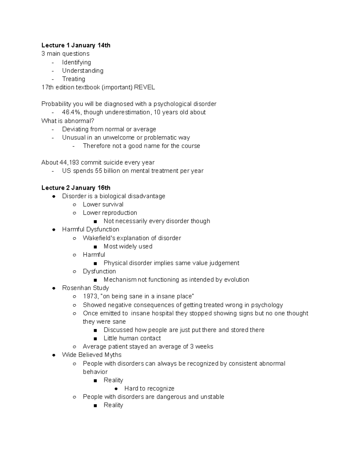 Abnormal Psychology - lectures notes - Lecture 1 January 14th 3 main ...