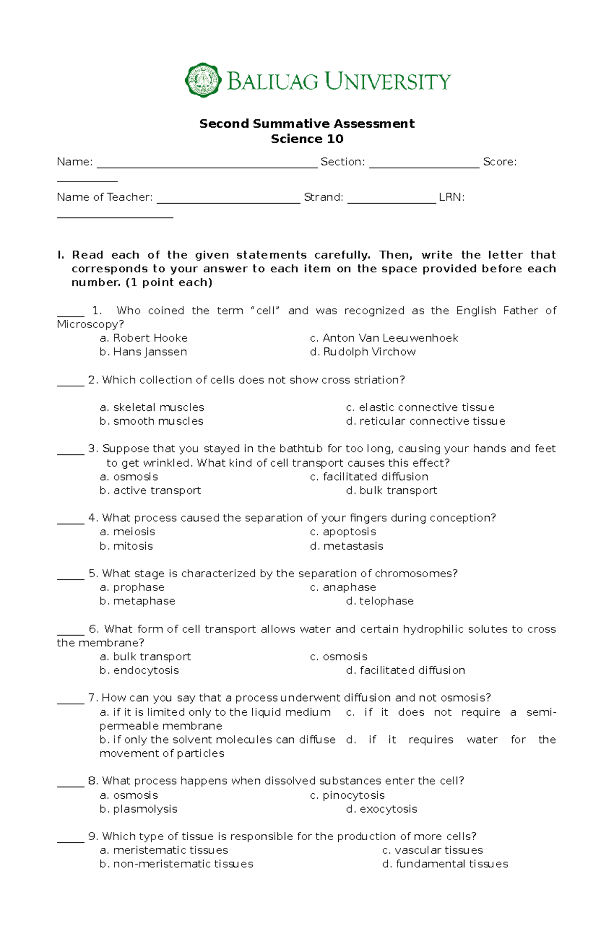 Sample Summative Test Grade 9 10 Second Summative Assessment