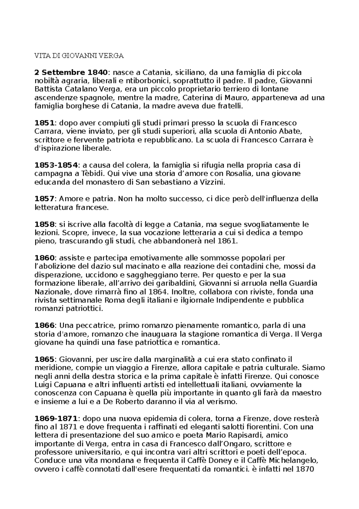 VITA DI Giovanni Verga - VITA DI GIOVANNI VERGA 2 Settembre 1840: nasce a Catania, siciliano, da ...