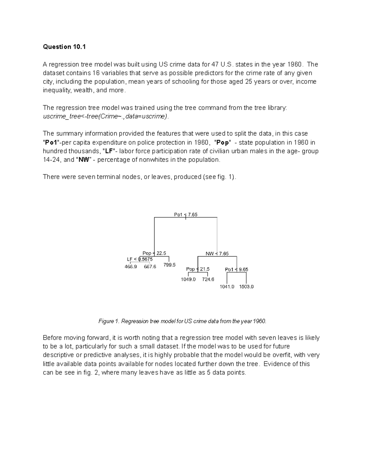 Week 7 Homework - Question 10. A regression tree model was built using US crime data for 47 U ...