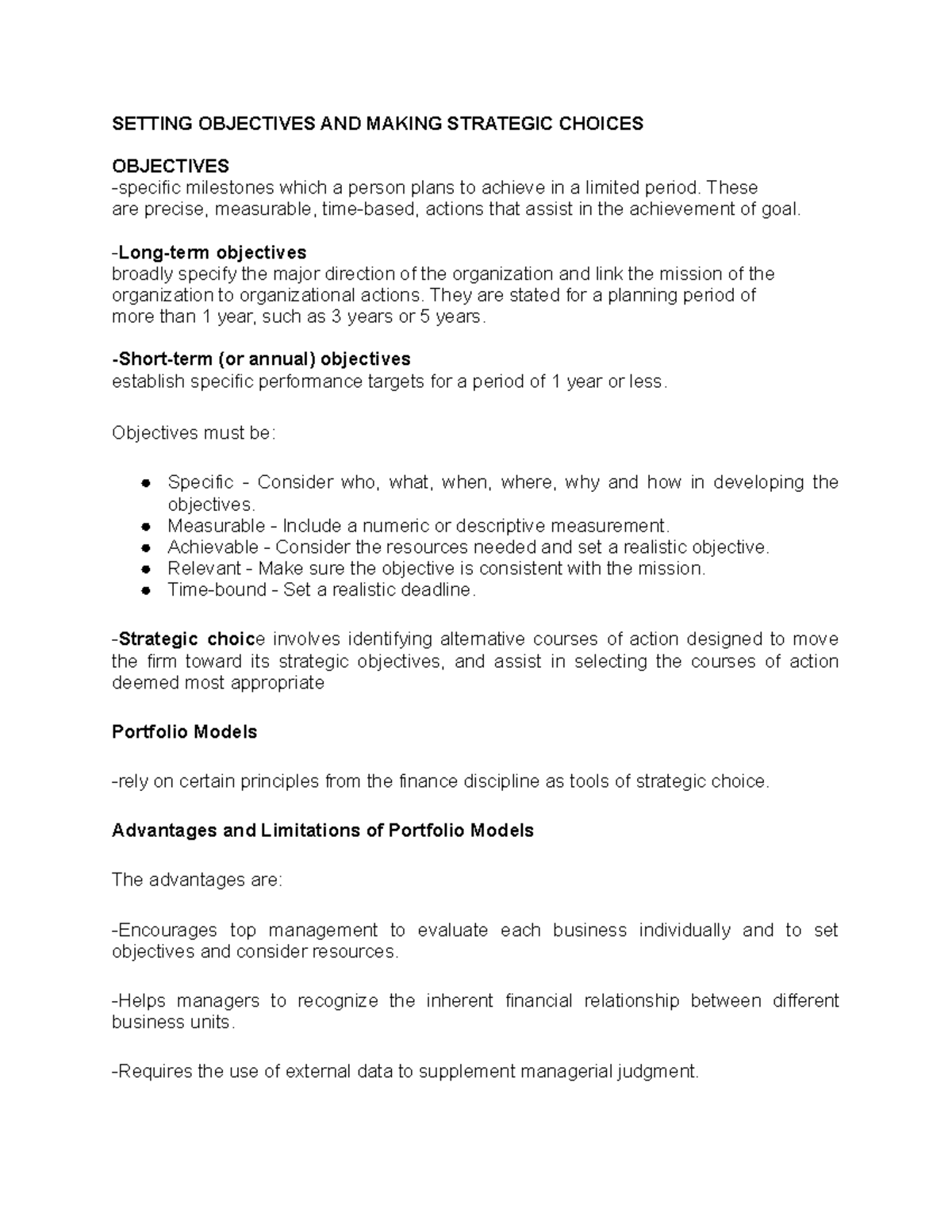 Setting Objectives AND Making Strategic Choices- notes - SETTING ...