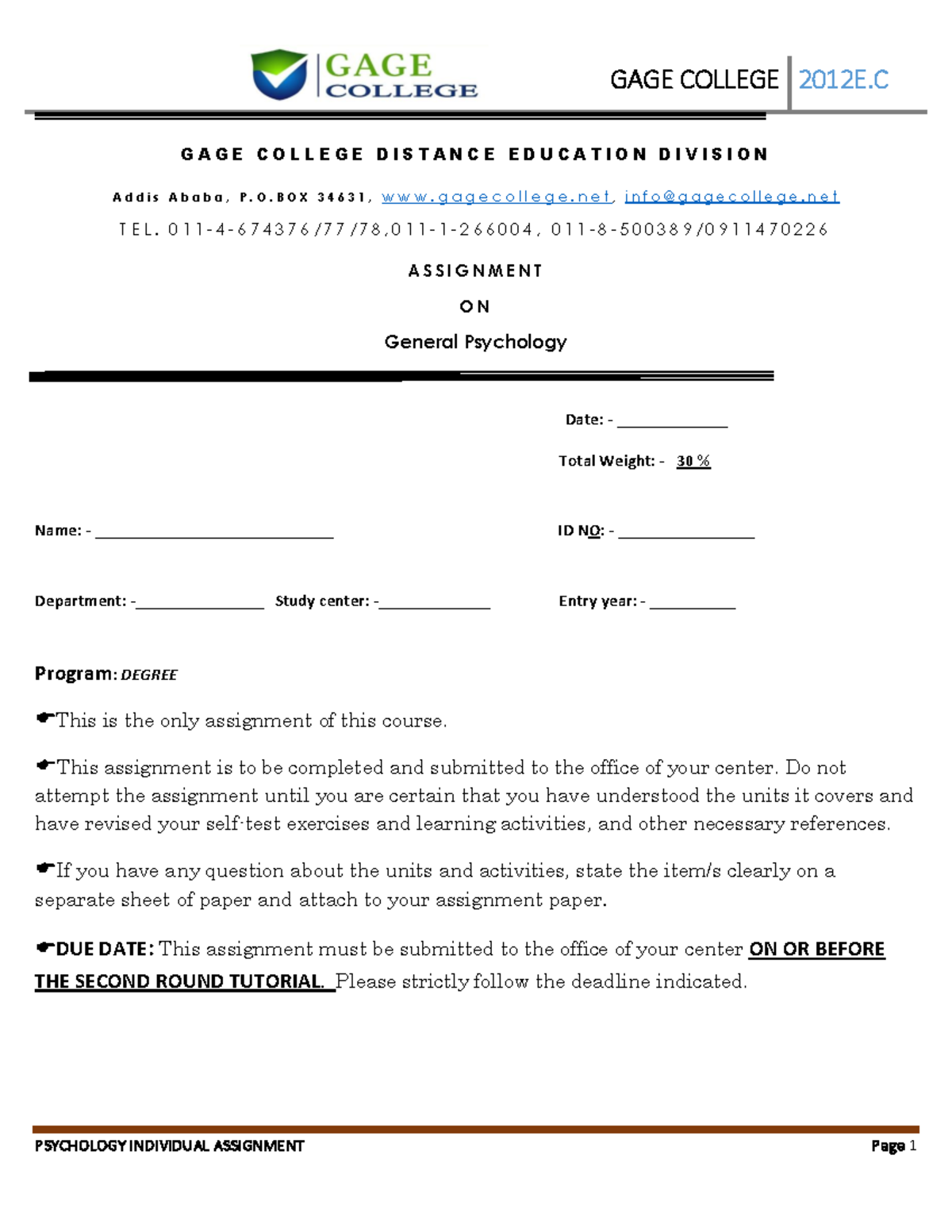 Sample/practice exam 5 January 2019, questions - GAGE COLLEGE 2012 E P ...