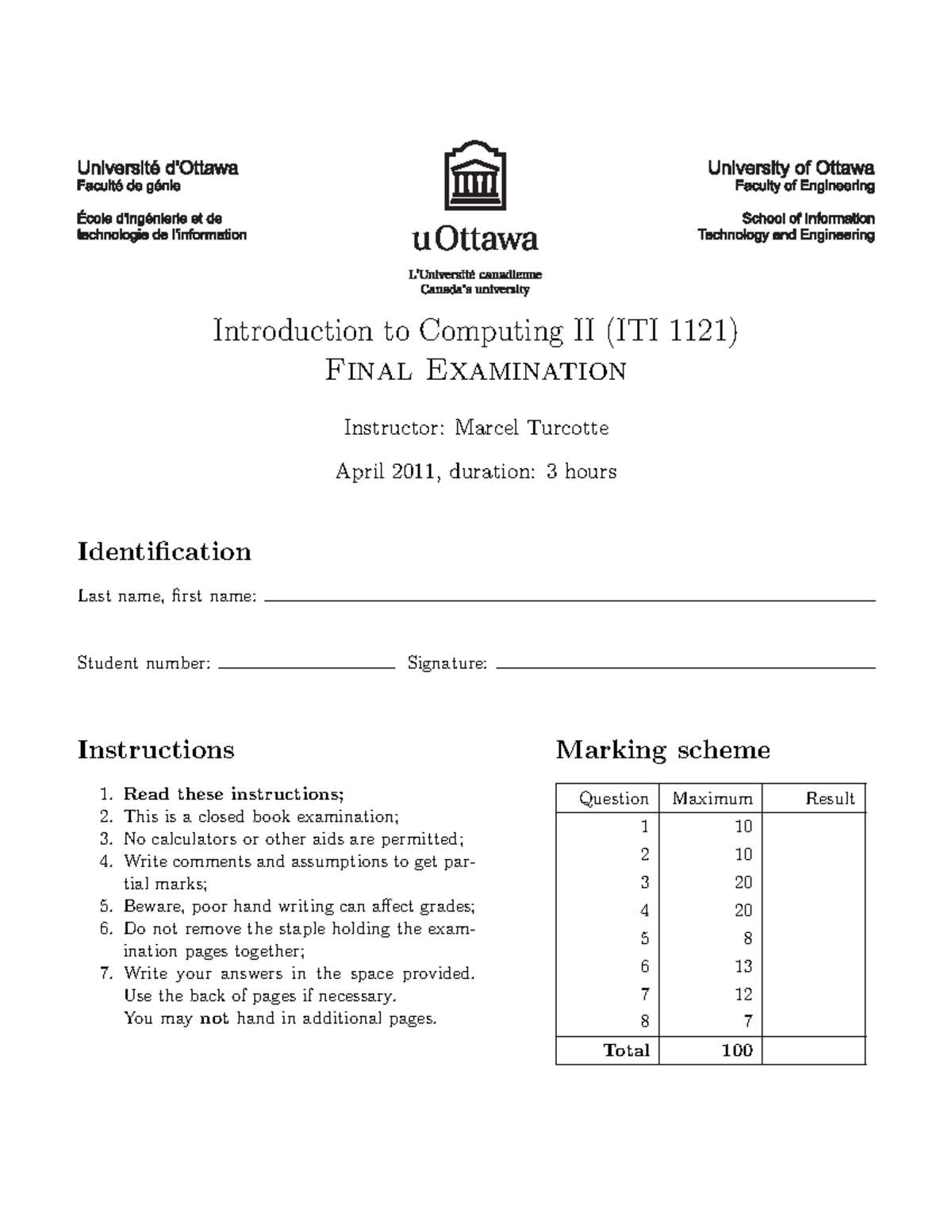FINAL EXAM 2011 - Introduction to Computing II (ITI 1121) Final ...