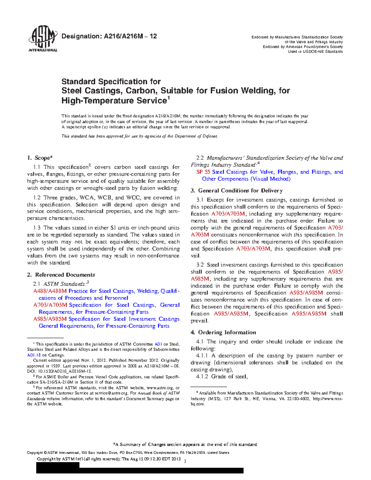Astm-a216 - Designation: A216/A216M − 12 Endorsed by Manufacturers ...