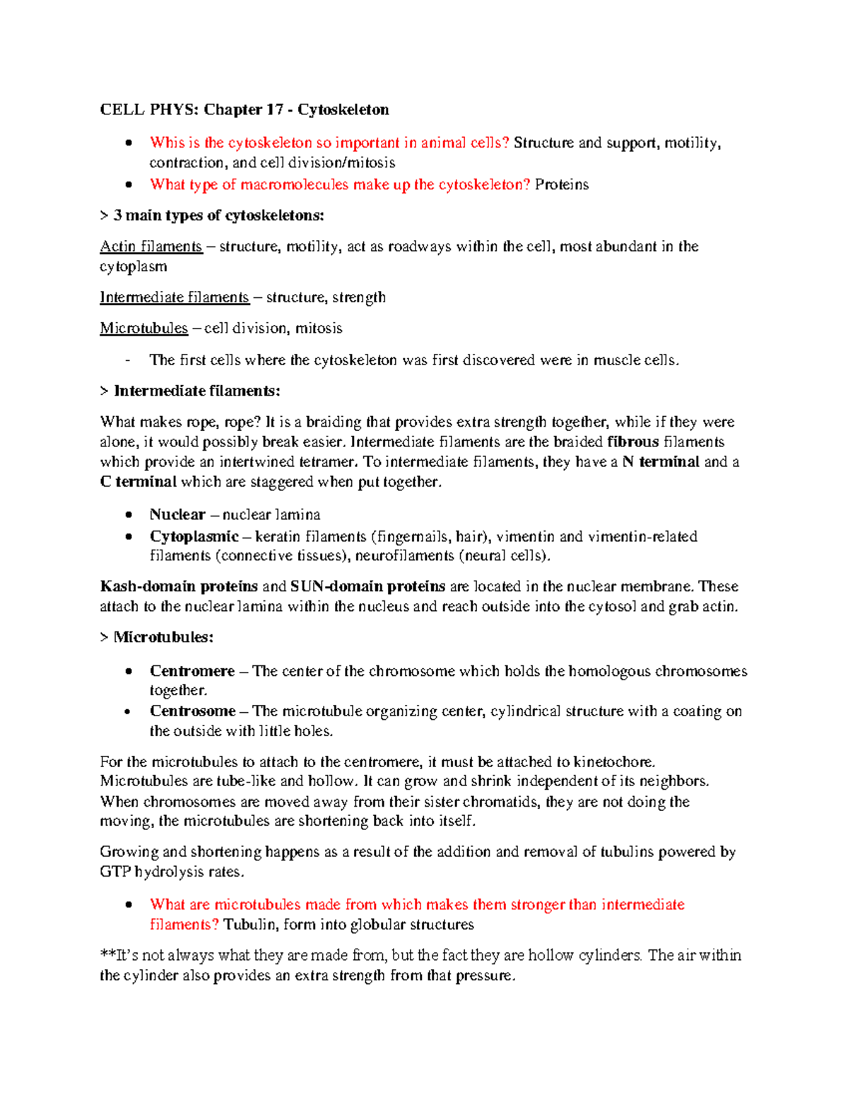 CELL PHYS - Chapter 17 - Cytoskeleton - CELL PHYS: Chapter 17 - Cytoskeleton Whis is the - Studocu