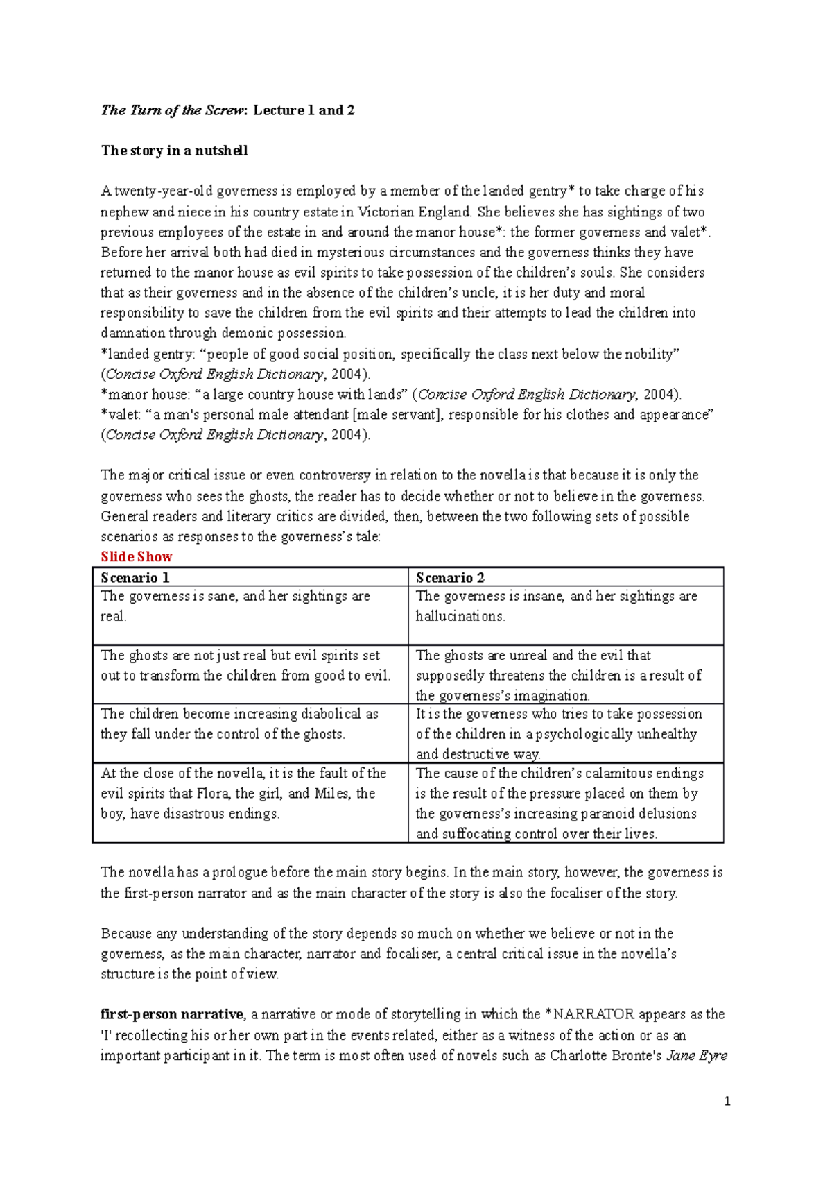 The Turn of the Screw Lecture 1 and 2 Notes - The Turn of the Screw ...
