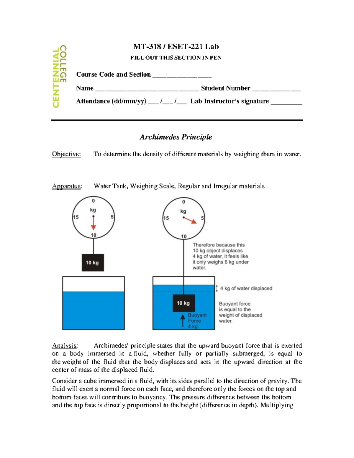 MT-318 and ESET-221 Lab 4 -Archimedes Principle - MT-318 / ESET-221 Lab ...