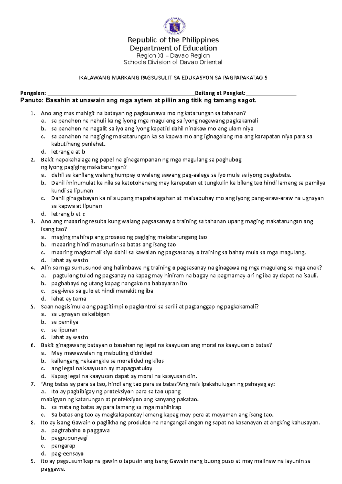 Second Quarter Exams - Test - Republic of the Philippines Department of ...
