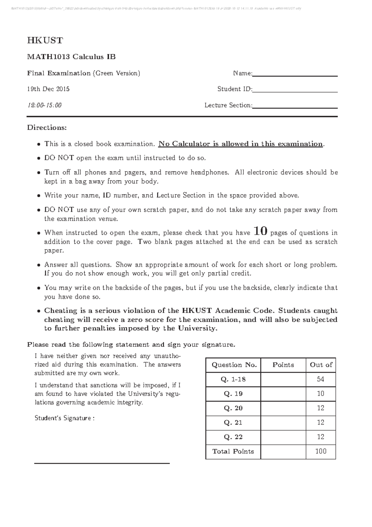 (MATH1013)[2015 ] Final Exam Paper Reference - HKUST MATH1013 Calculus IB Final Examination ...