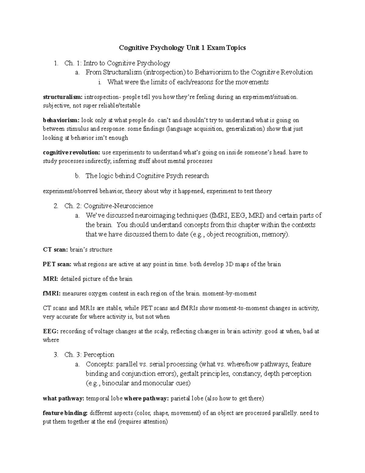 Exam 1 study guide - Cognitive Psychology Unit 1 Exam Topics 1. Ch. 1 ...